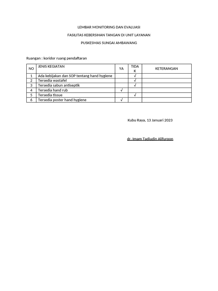 Lembar Monev Fasilitas Kebersihan Tangan | PDF