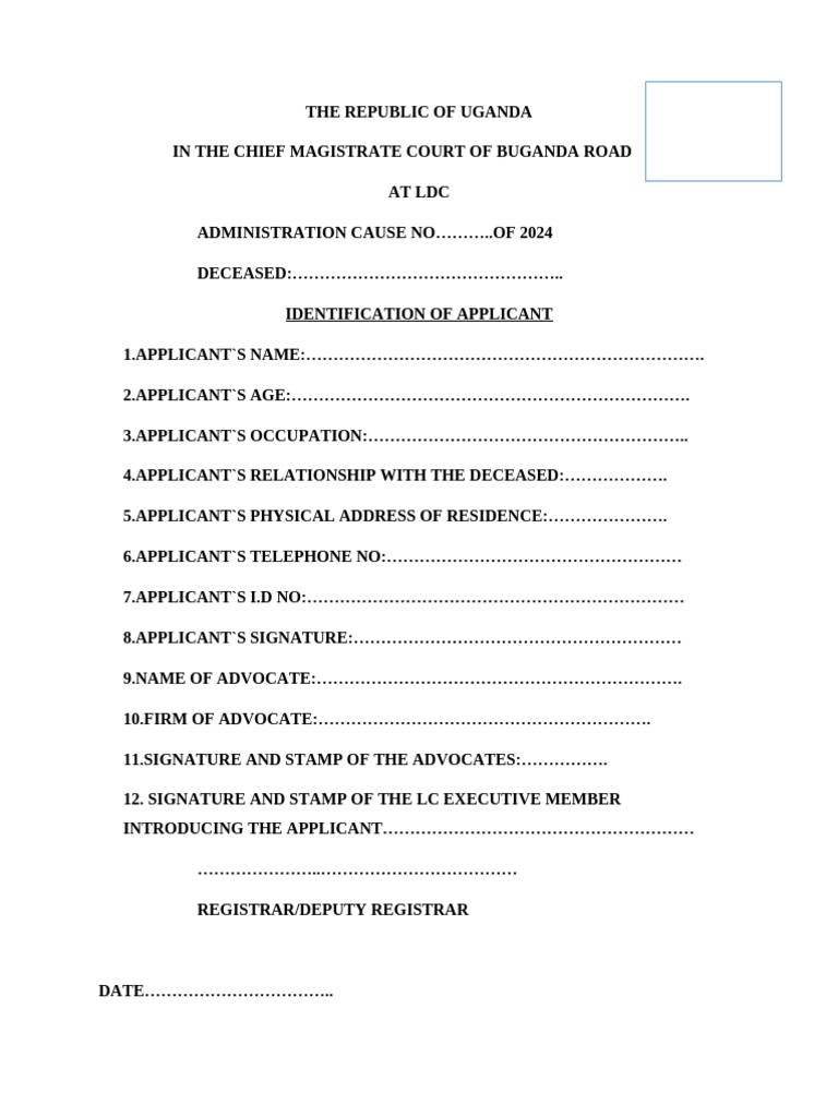 Uganda Letters of Administration Petition | PDF | Probate | Chess Theory
