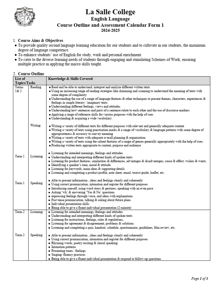 English Language Course Outline 2024-25 | PDF | Vocabulary | Question