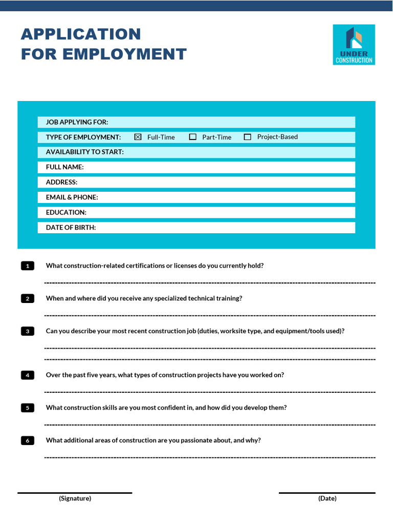 Construction Application For Employment Template | PDF