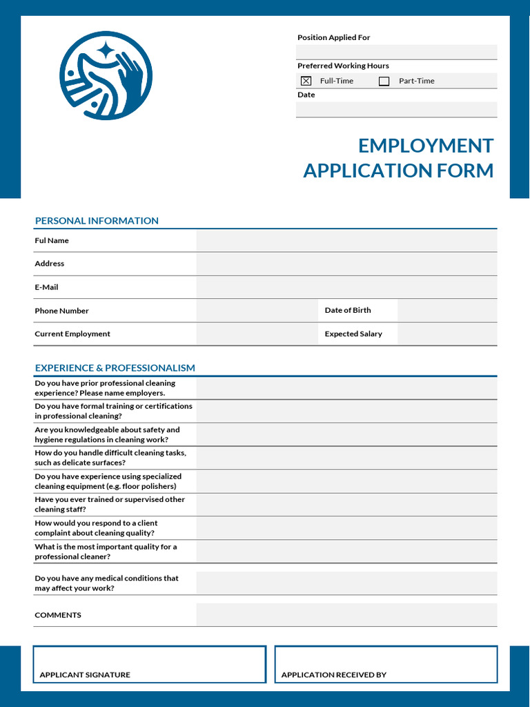 Cleaning Employment Application Form Template | PDF