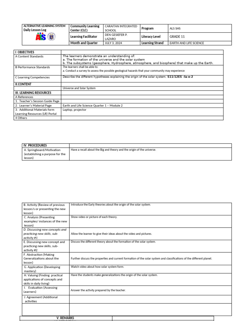 ALS Grade 11 Earth Science Lesson Plan | PDF | Learning | Teachers
