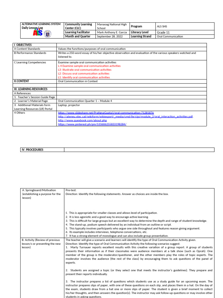 ALS Daily Lesson Log: Oral Communication | PDF | Conversation ...