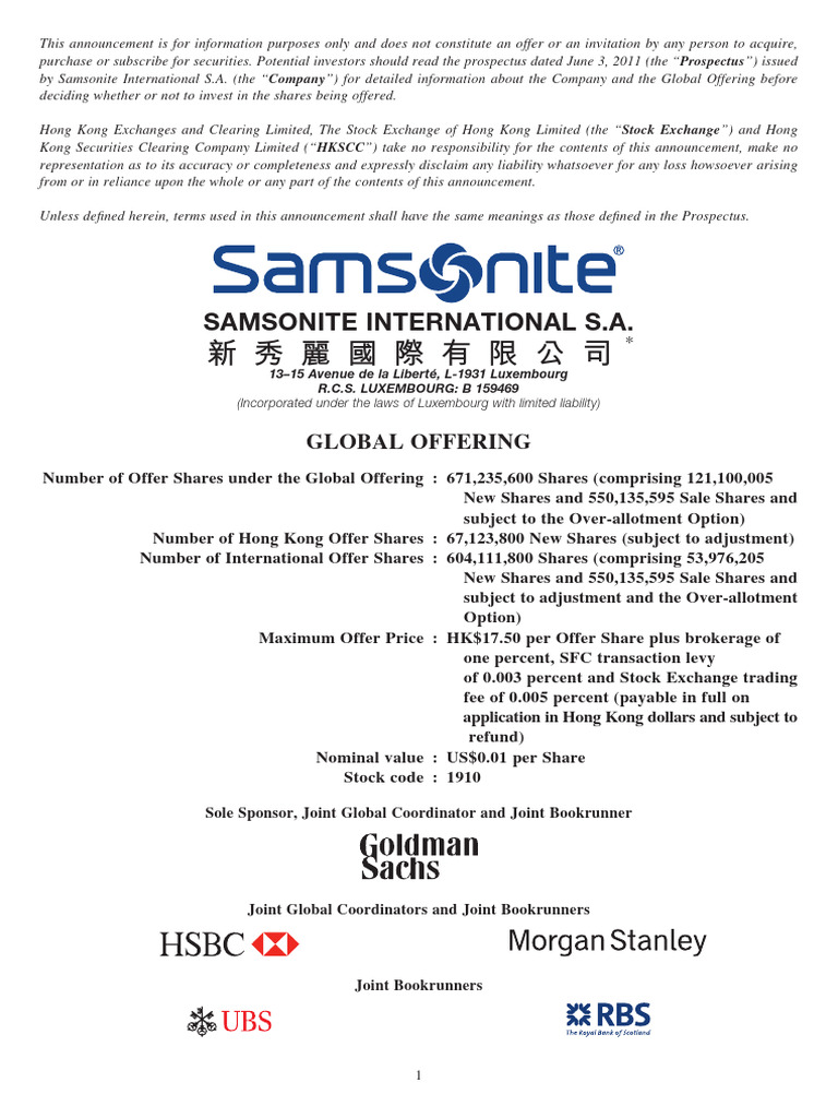 Samsonite Global Offering Announcement | PDF | Hong Kong | Stock Market