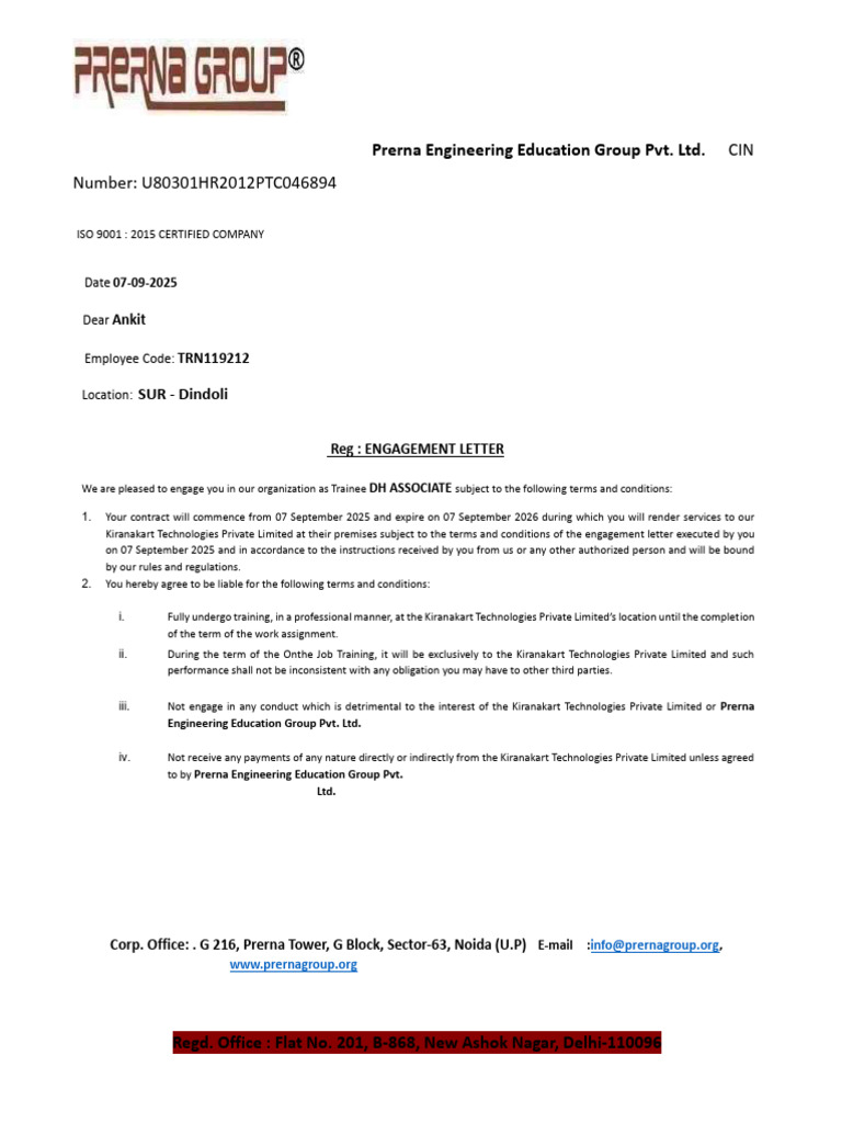 Appointment Letter Ankit Trn119212 | PDF | Contractual Term | Employment