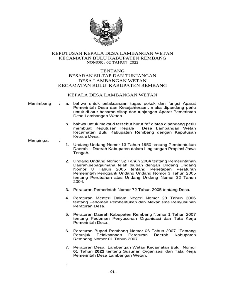 Keputusan Kepala Desa Tentang Besaran Siltap Dan Tunjangan Perangkat ...