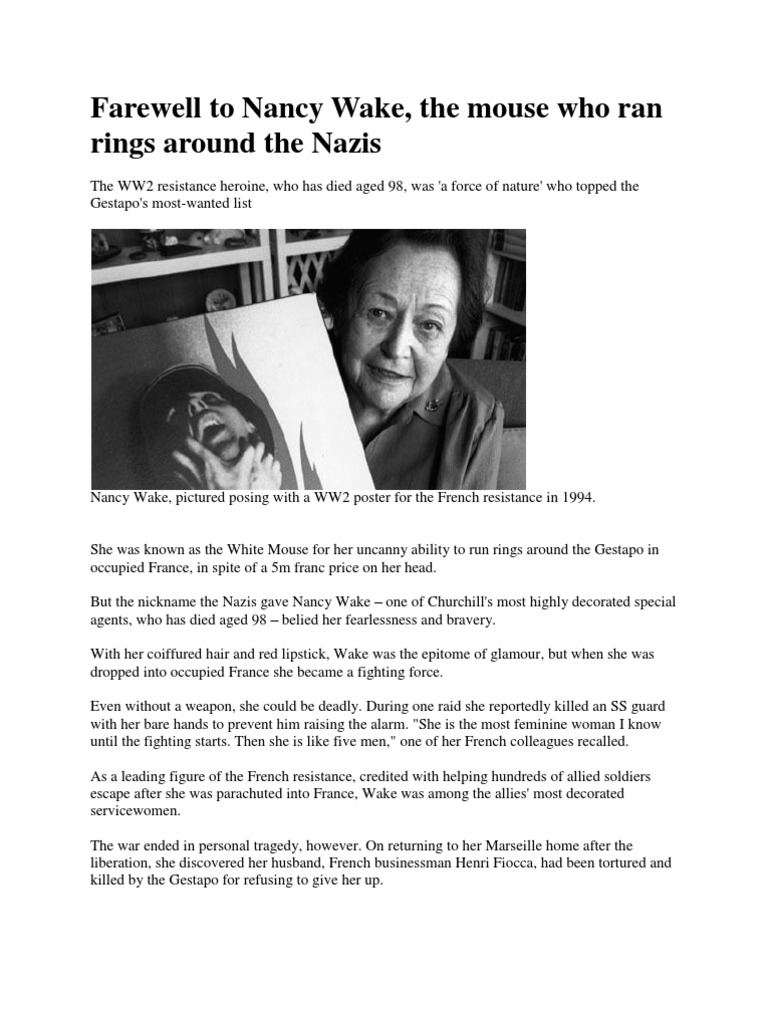 Nancy Wake: WWII Resistance Icon Dies | PDF | French Resistance | Human ...