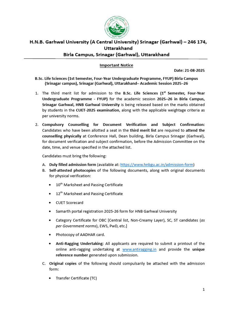 HNB Garhwal University B.Sc. Admission Notice | PDF
