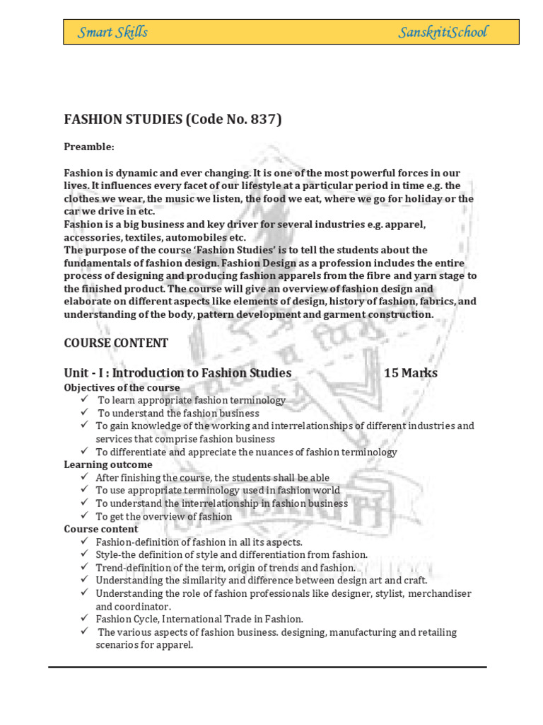 Fashion Studies Course for Class XI | PDF | Textiles | Yarn