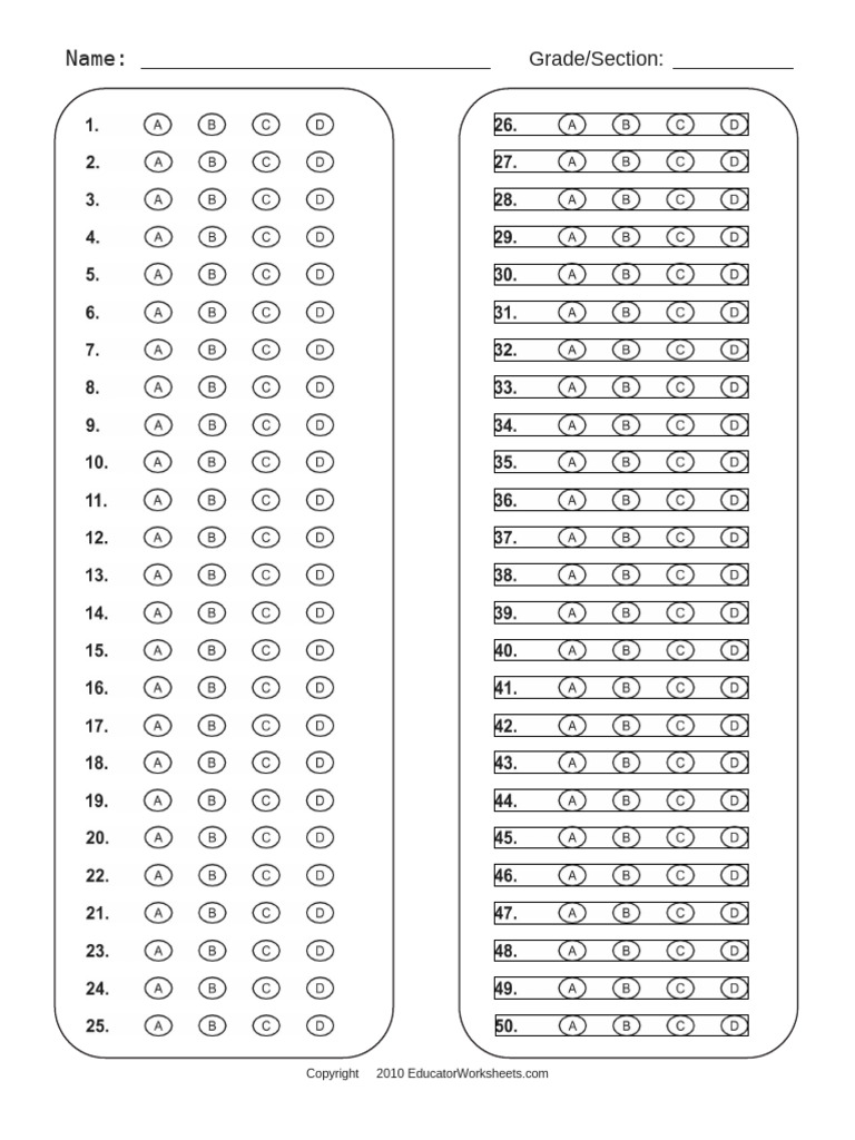 Printable Bubble Answer Sheet 1-50 | PDF