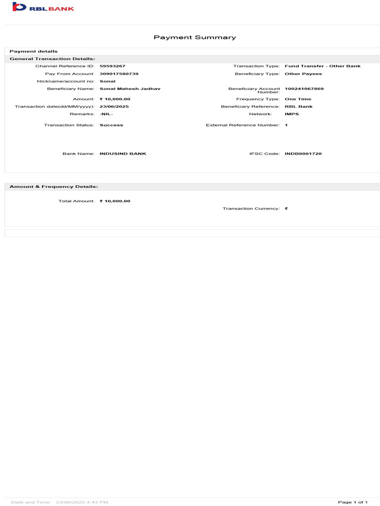 Payment Summary: 59593267 Fund Transfer - Other Bank 309017580739 Other Payees Sonal Sonal ...