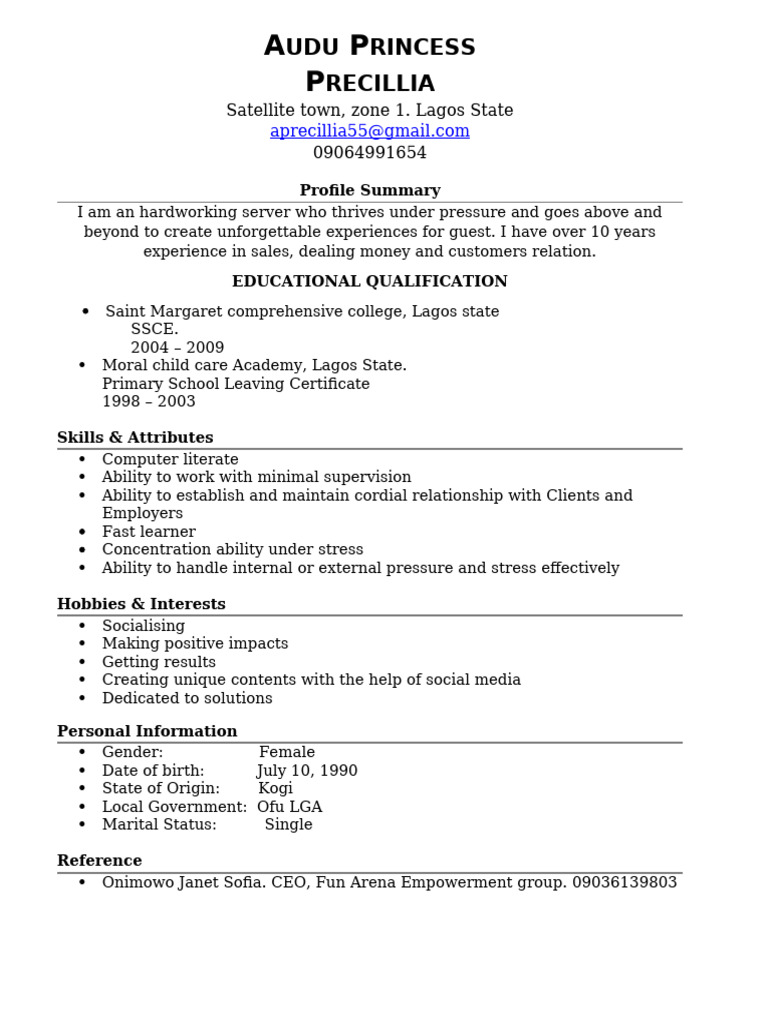 Audu Princess' CV | PDF
