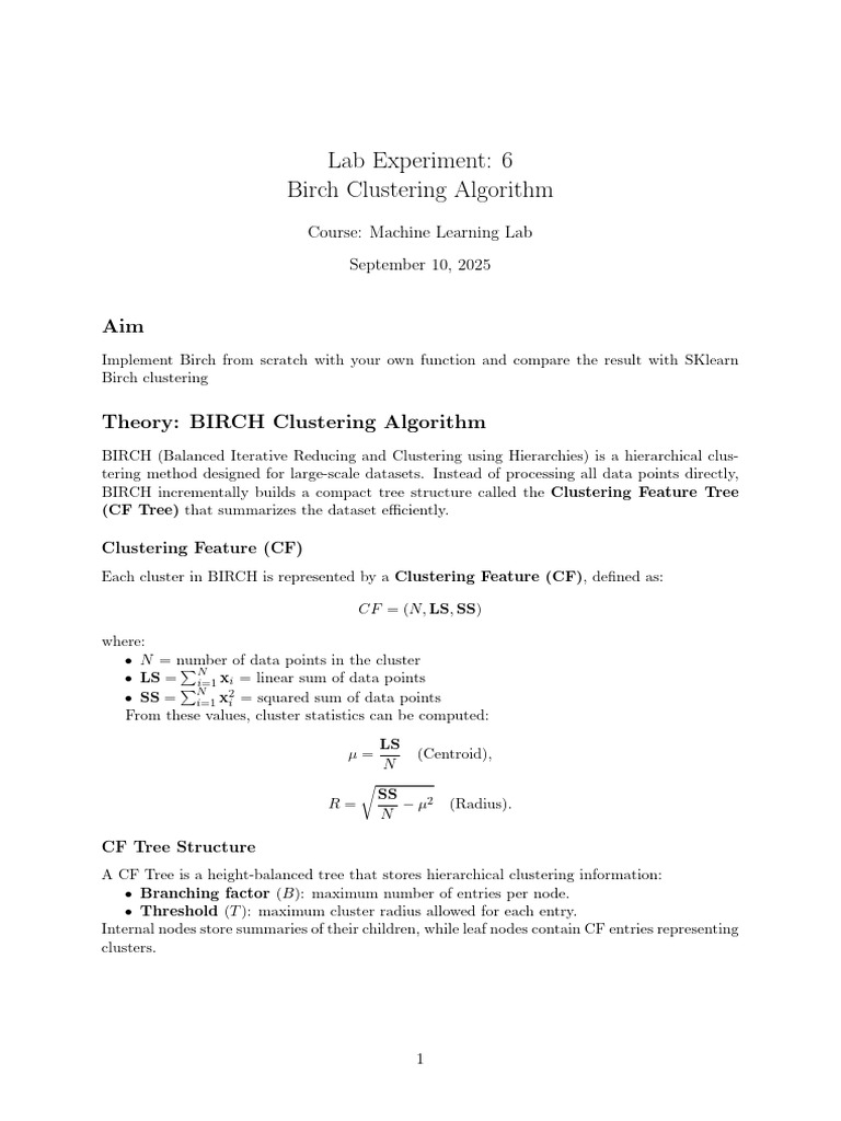 Experiment 6 Birch Clustering 10th Sept 2025 | PDF | Cluster Analysis | Applied Mathematics