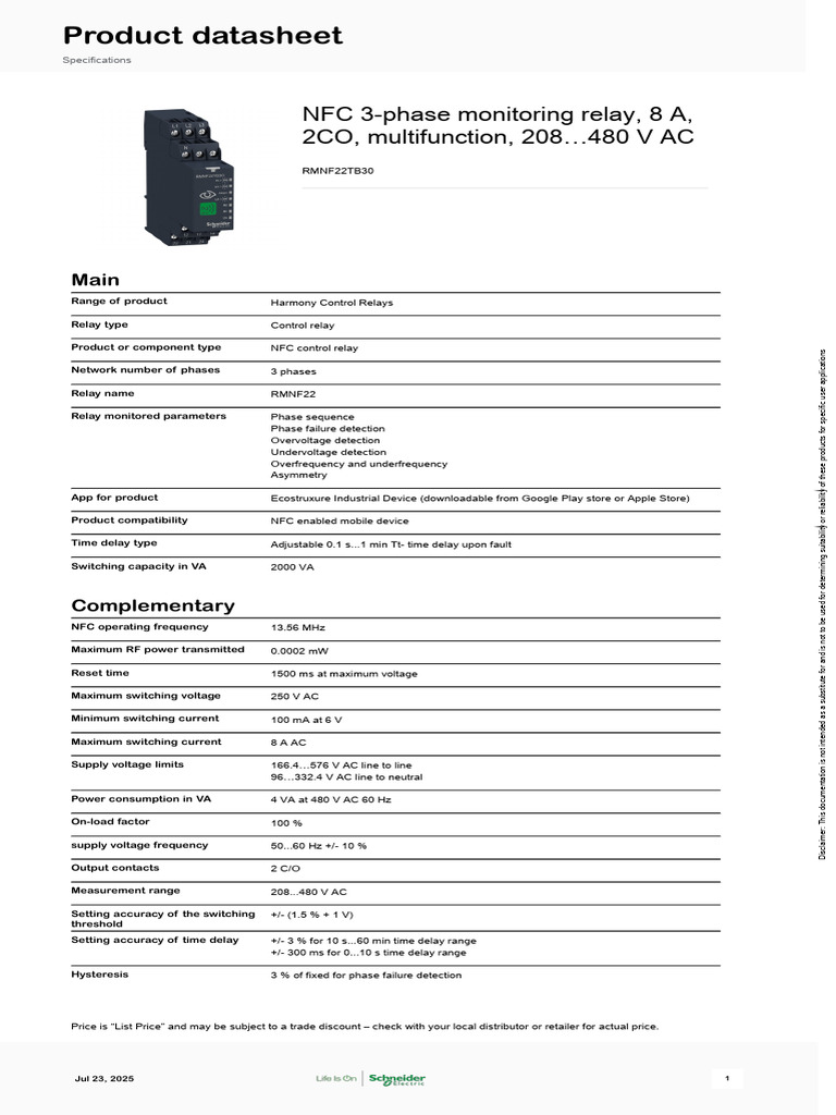NFC 3-Phase Monitoring Relay RMNF22TB30 | PDF | Alternating Current | Relay