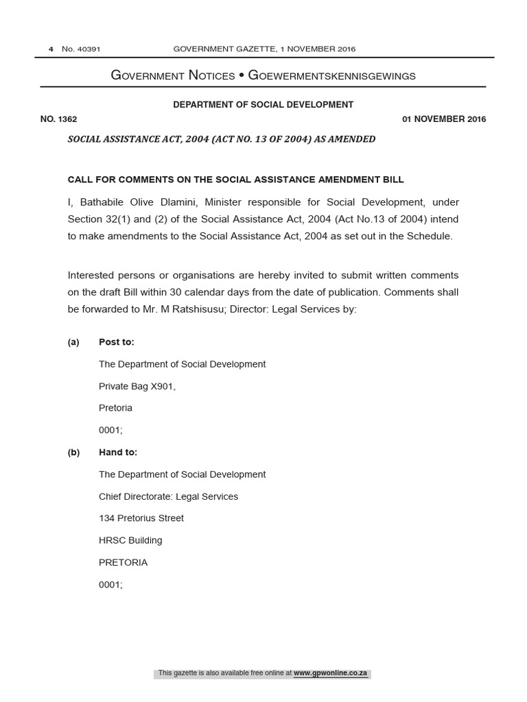 Draft Social Assistance Amendment Bill 2016 | PDF | Balance Sheet | Justice