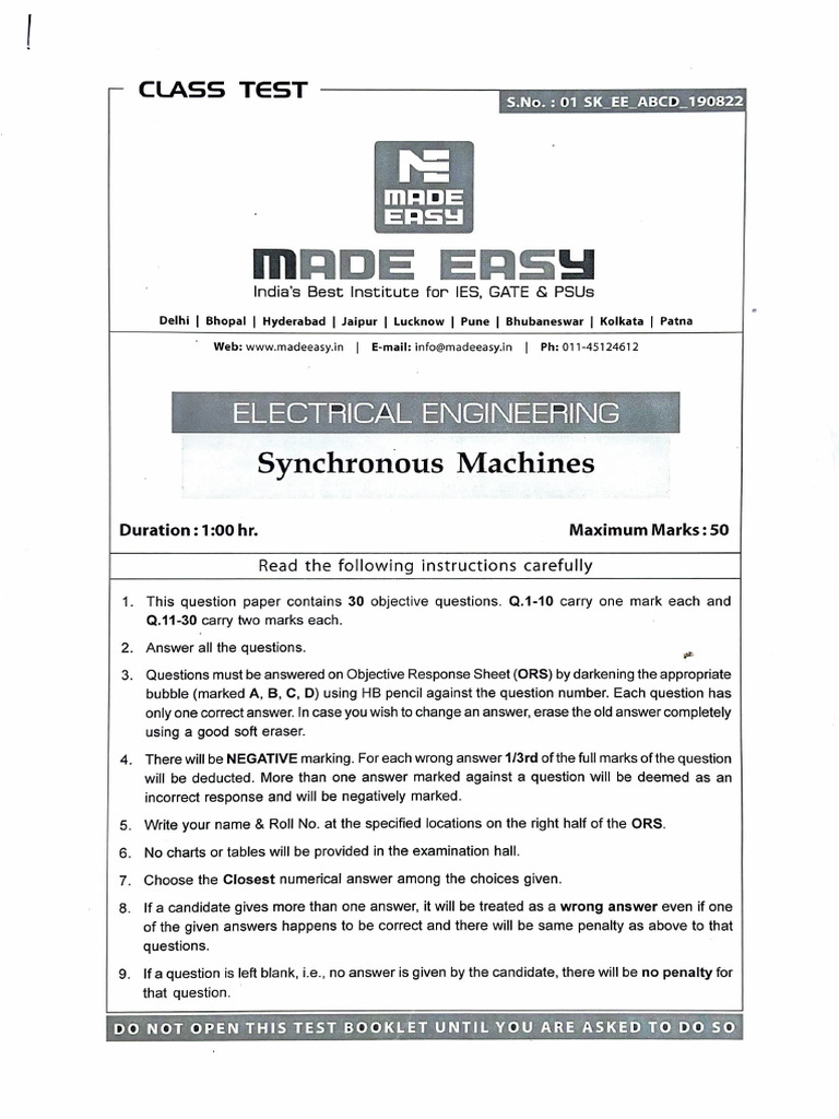 Synchronous Machines Class Test | PDF | Electric Motor | Power Engineering