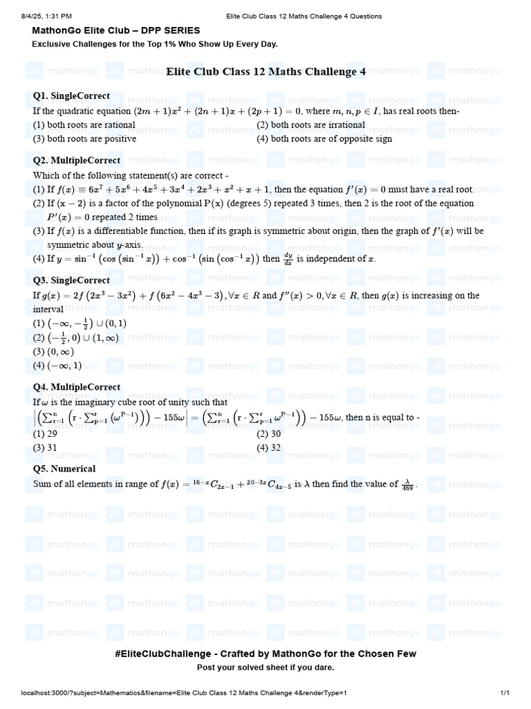 Elite Club Class 12 Maths Challenge 4 Questions | PDF | Zero Of A ...