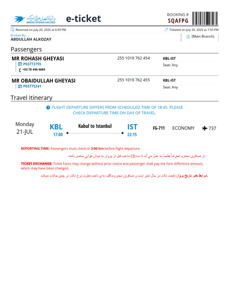 Kabul to Istanbul E-Ticket Details | PDF