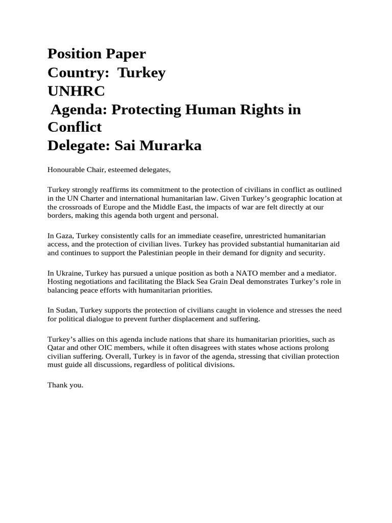 Position Paper Country: Turkey Unhrc Agenda: Protecting Human Rights in ...