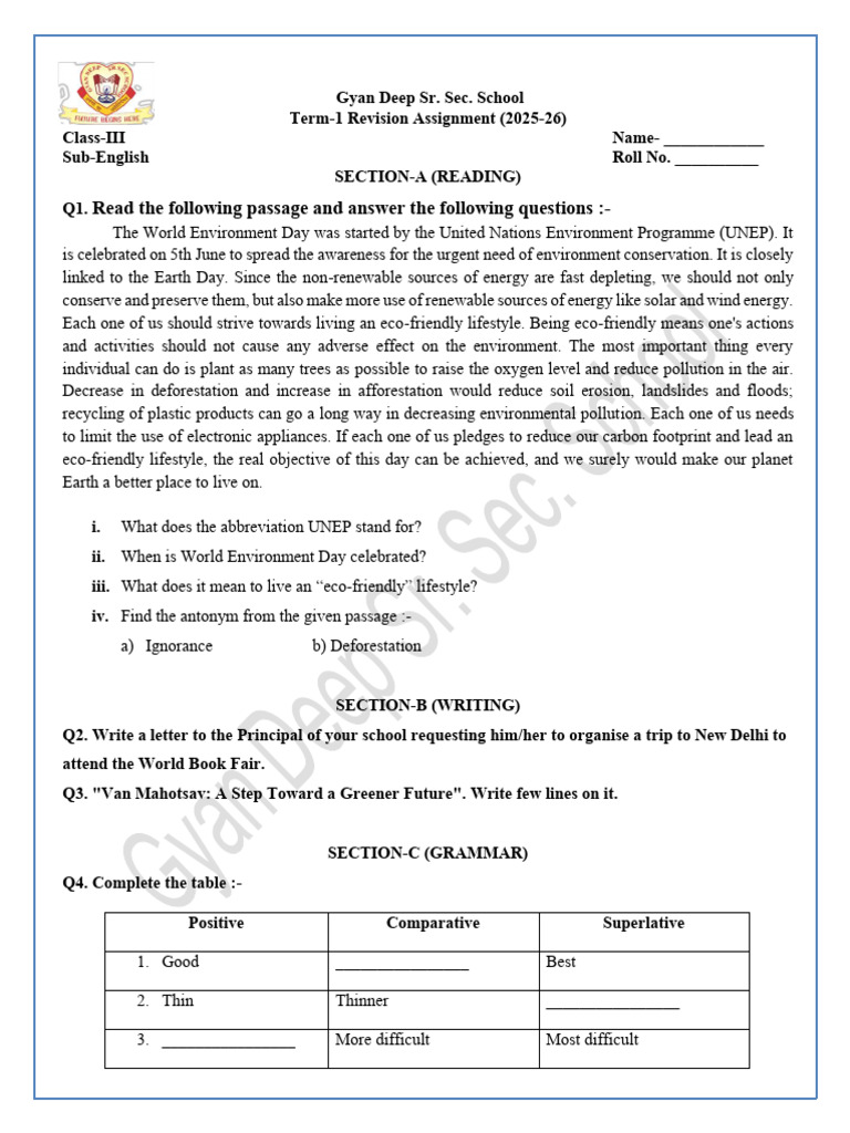 Class-III English Revision Assignment | PDF | Deforestation | Soil
