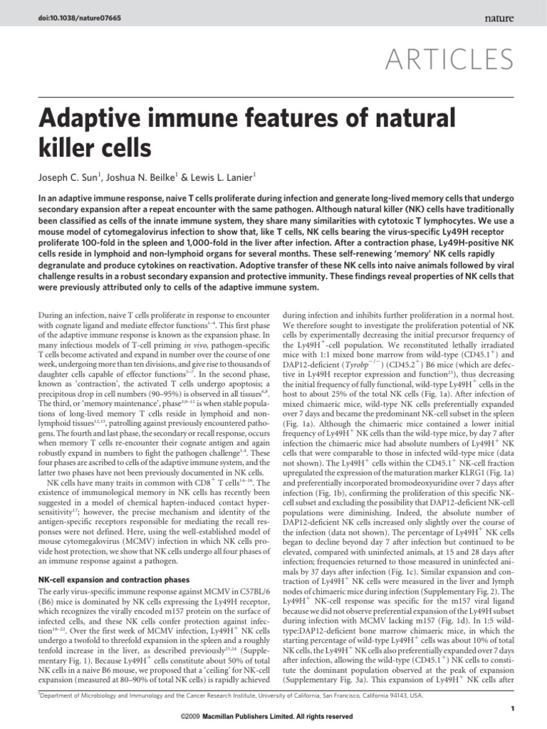 Adaptive Immune Features of Natural Killer Cells | PDF | Natural Killer ...