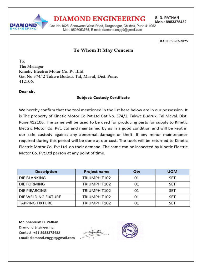 Tool Custody Certificate | PDF