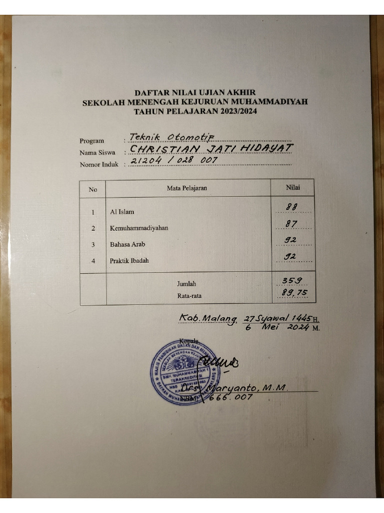 Transkrip Nilai | PDF