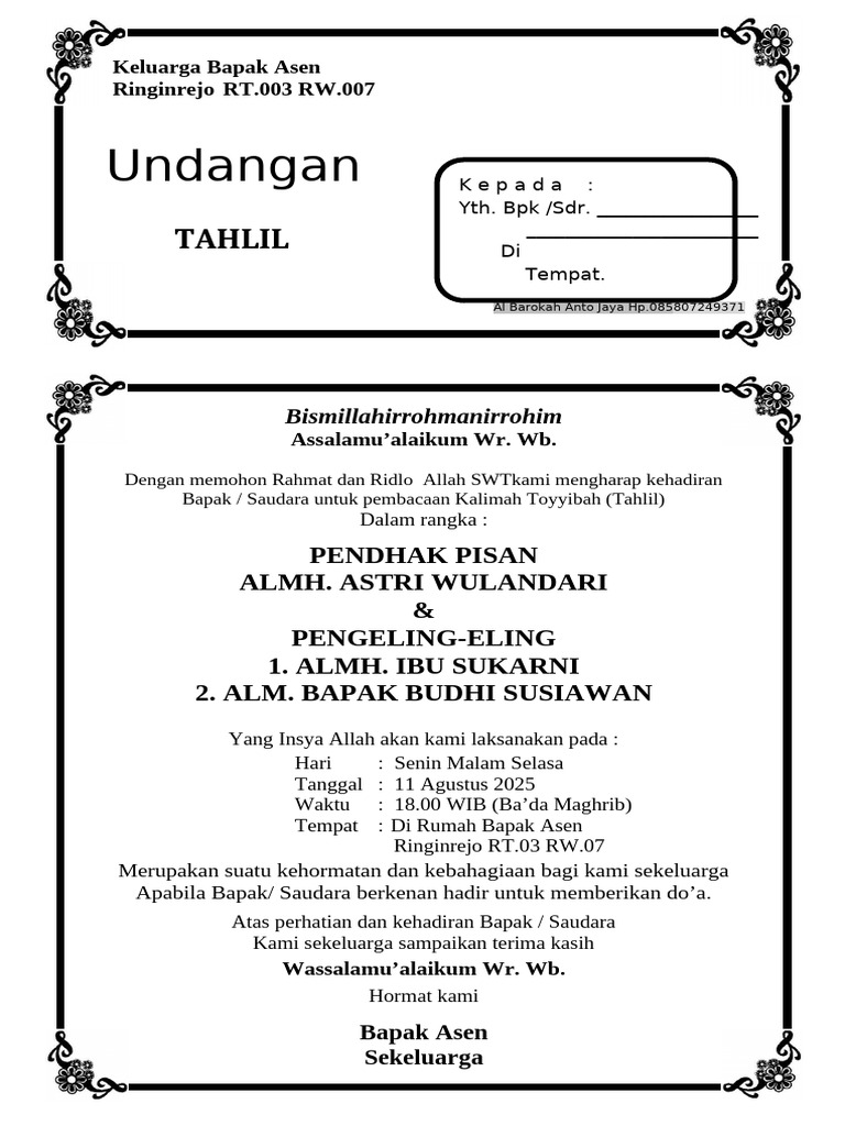 Undangan Tahlil Bapak Asen | PDF
