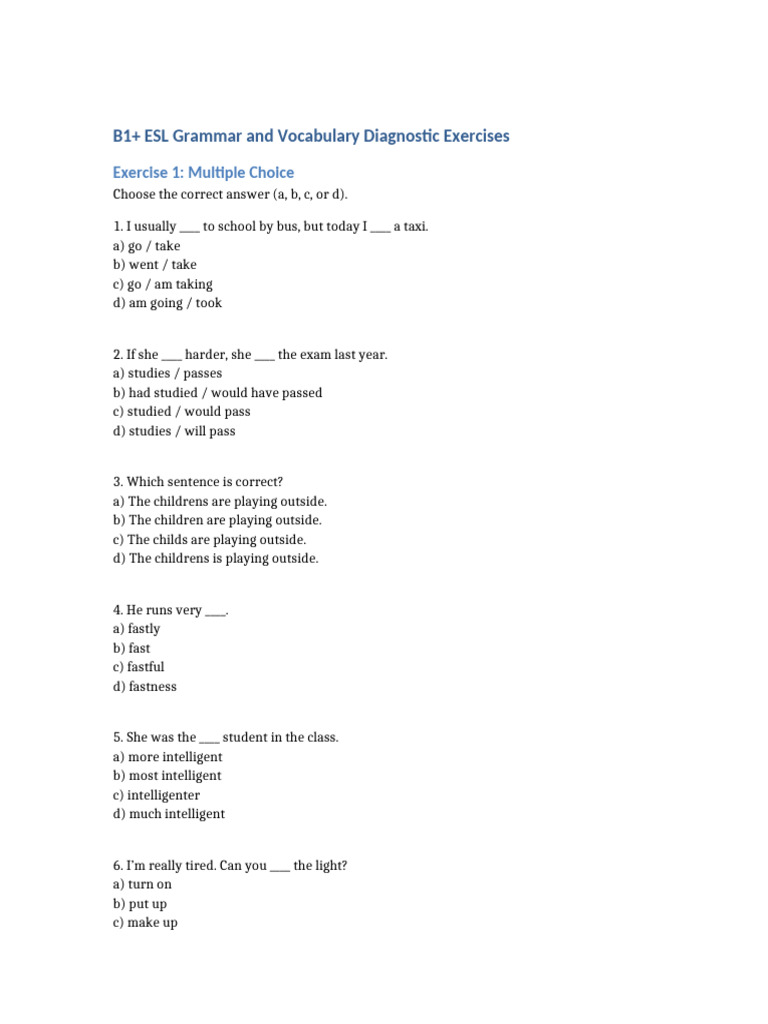 B1+ ESL Grammar Diagnostic Exercises | PDF | English Language | Human ...