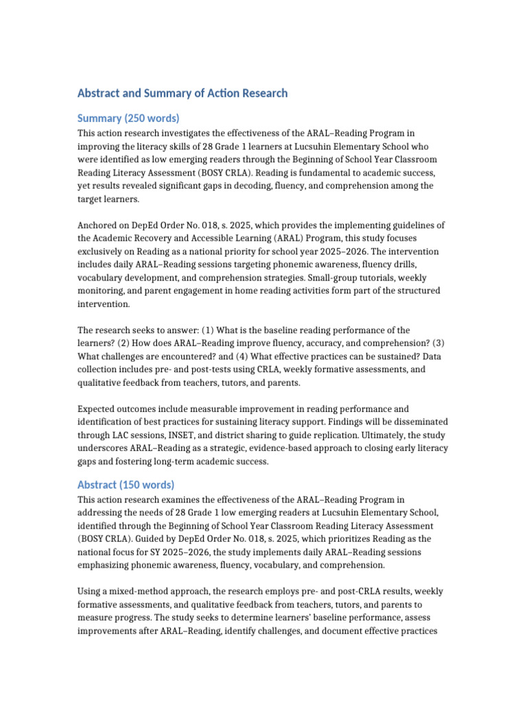 ARAL Reading Abstract and Summary | PDF | Reading Comprehension | Literacy