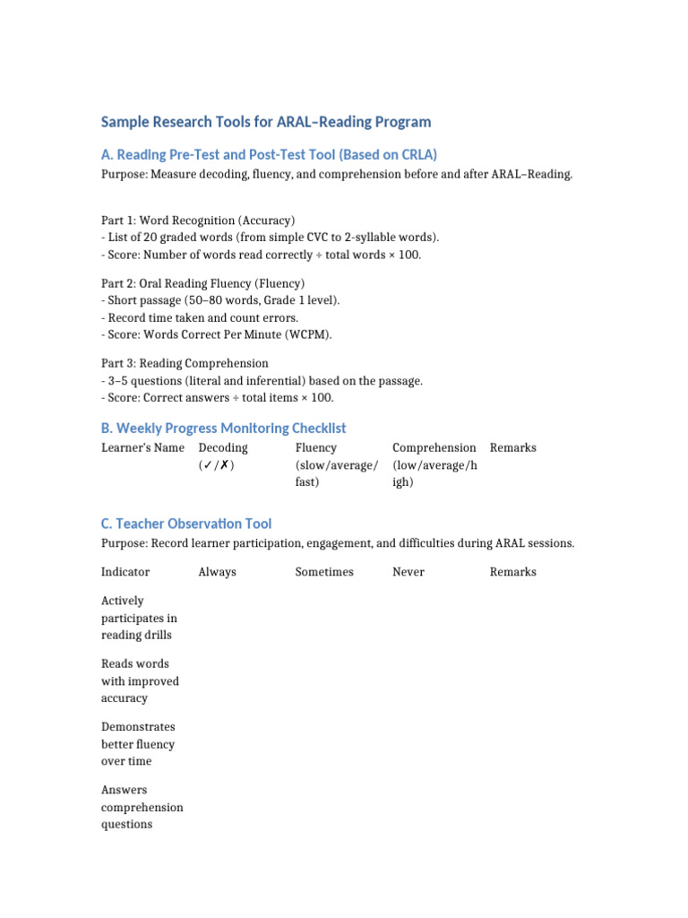ARAL Reading Program Assessment Tools | PDF