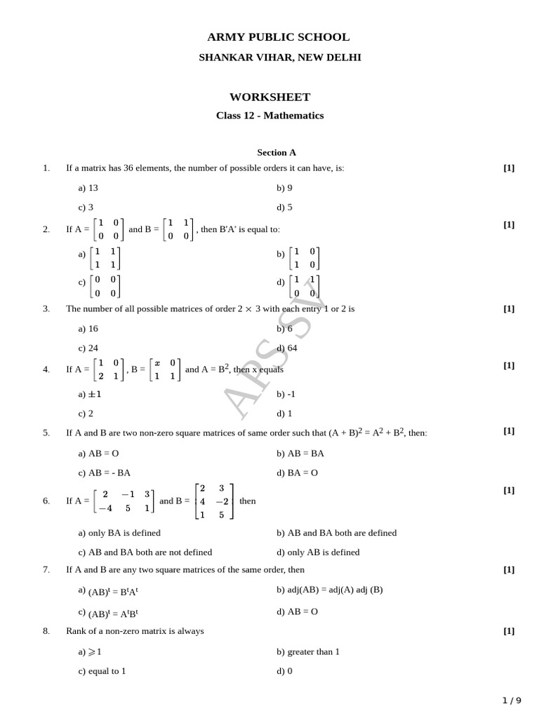 CL 12 Worksheet CHP 3 and 4 | PDF | Matrix (Mathematics) | Determinant