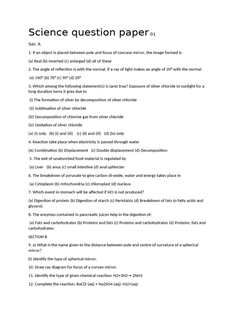 Science Question Paper on Mirrors and Reactions | PDF | Digestion ...