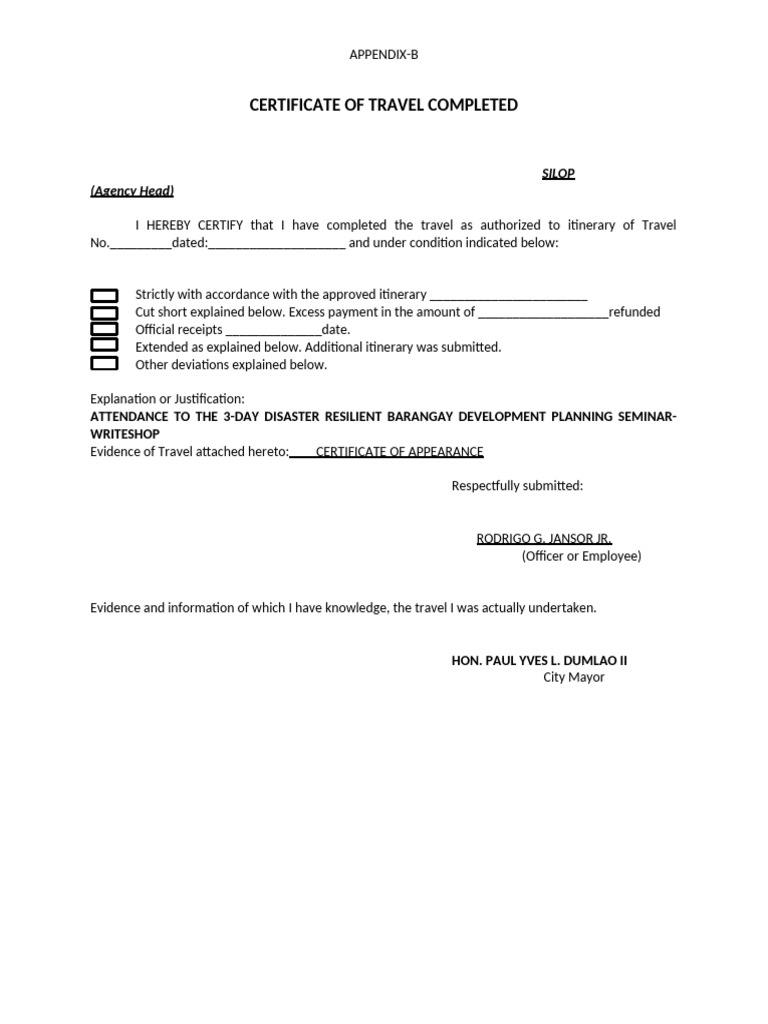 Travel Completion Certificate Template | PDF
