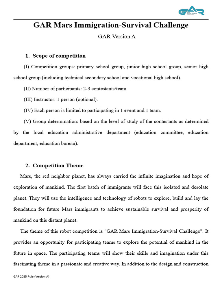 GAR Mars Immigration Challenge 2025 Rules | PDF | Water | Mars