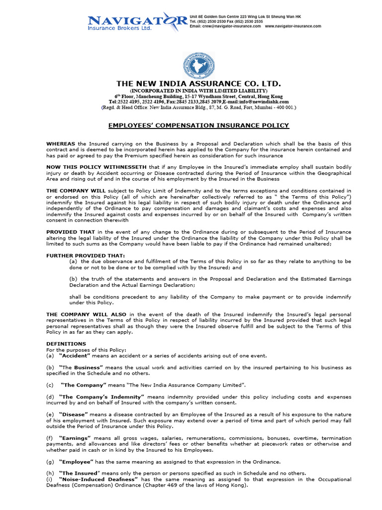 Employees' Compensation Insurance Policy | PDF | Indemnity | Liability ...