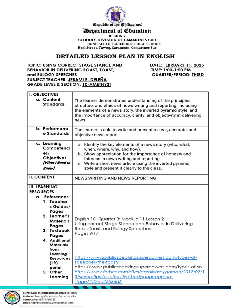 Sample Lesson Plan in English 10 SY24-25 | PDF | Body Language | Speech