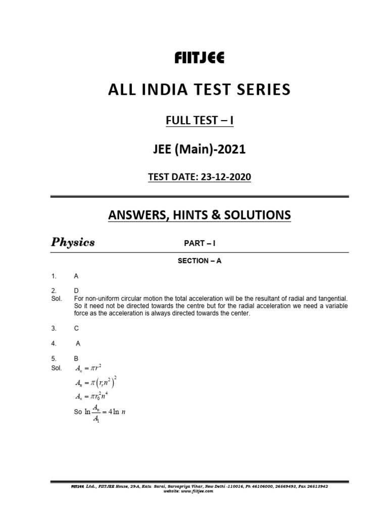 Aits-4 Jee Main Solution | PDF | Acceleration | Physics