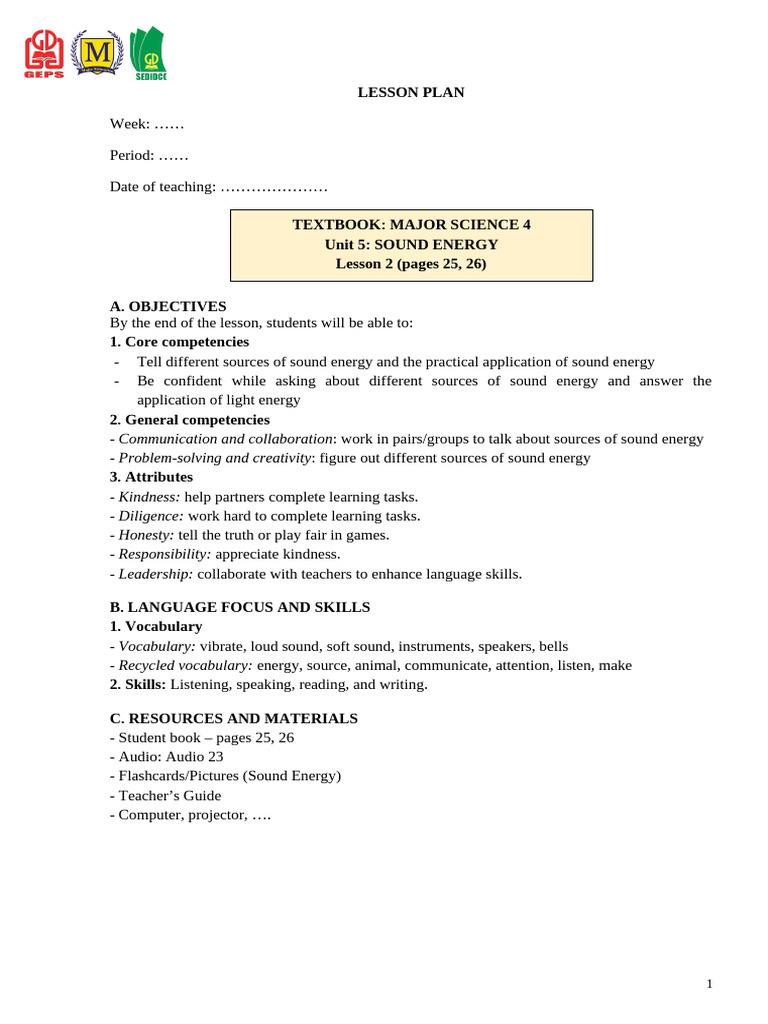 Sound Energy Lesson Plan for Major Science 4 | PDF | Sound | Learning
