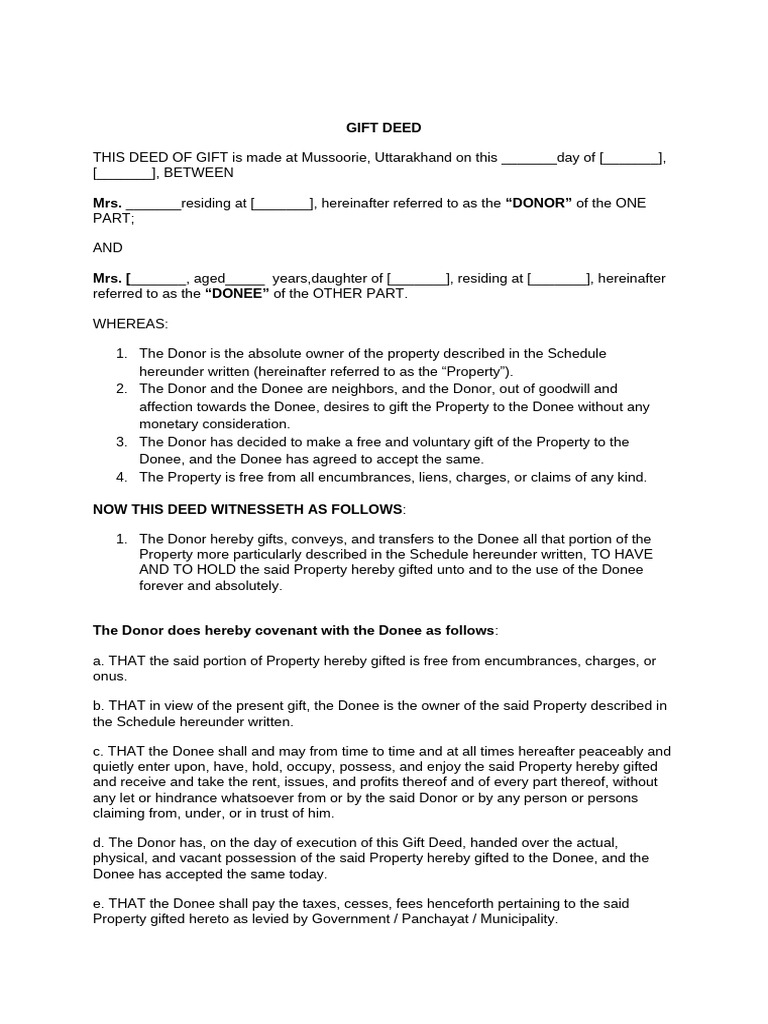 Gift Deed Template for Property Transfer | PDF | Civil Law (Common Law ...