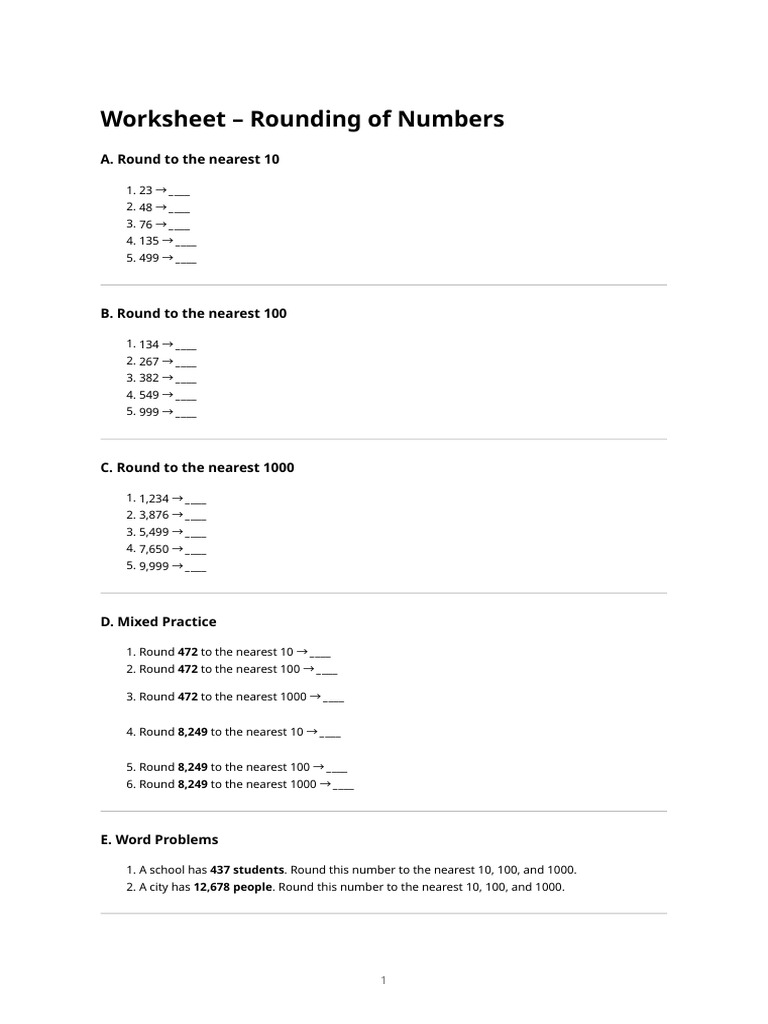 Rounding Numbers Practice Worksheet | PDF