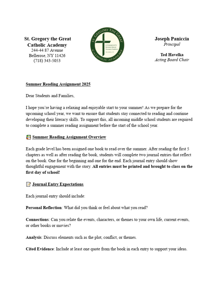 Entering 8th Grade Summer Reading Assignment | PDF