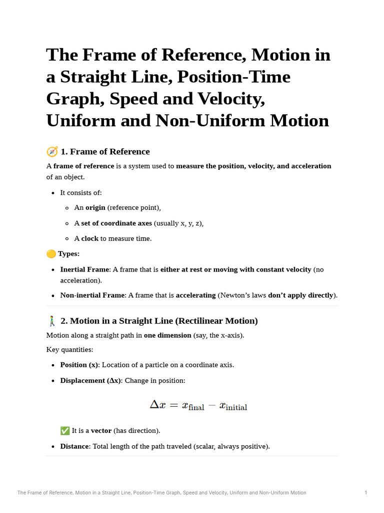 The Frame of Reference, Motion in A Straight Line, Position-Time Graph ...