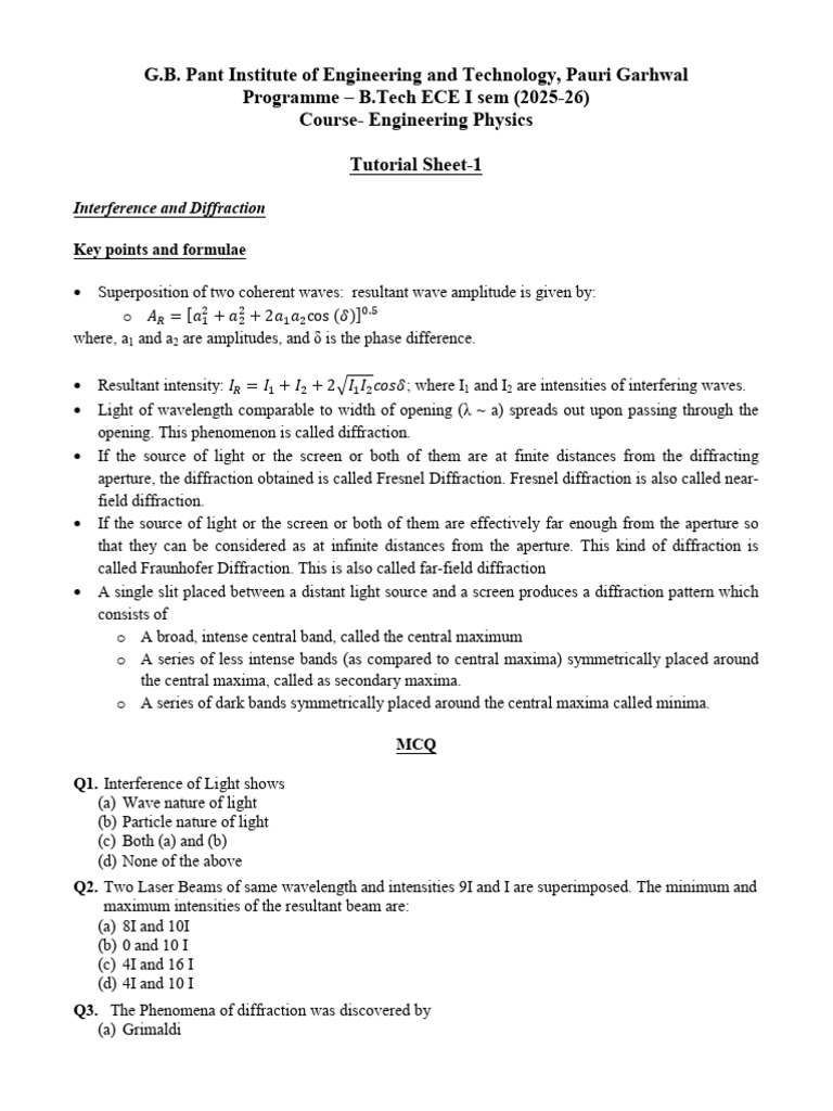 Engineering Physics: Interference & Diffraction | PDF | Diffraction ...