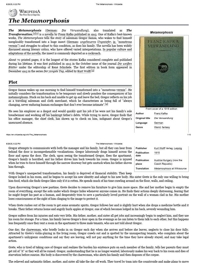 Kafka's The Metamorphosis Overview | PDF | The Metamorphosis