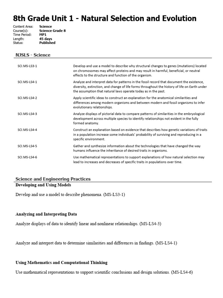 8th Grade Natural Selection Unit Guide | PDF | Evolution | Natural ...
