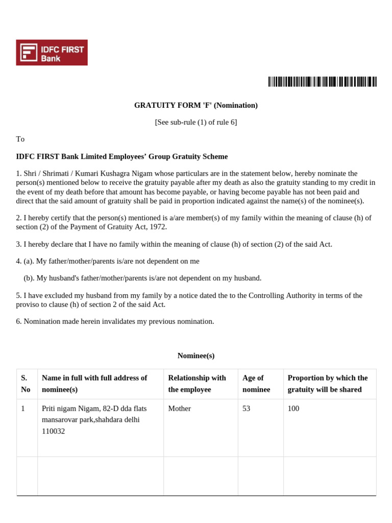 Gratuity Nomination Form | PDF