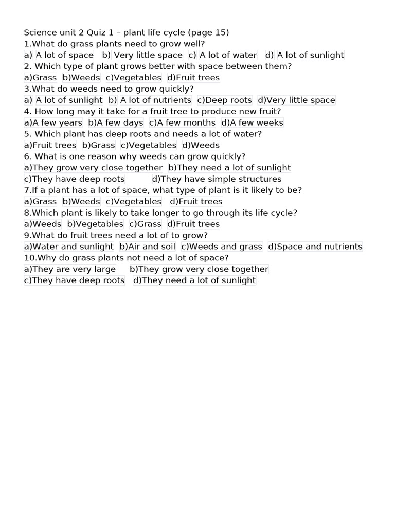 Science Unit 2 Quiz 1 - Plant Life Cycle (Page 15) | PDF