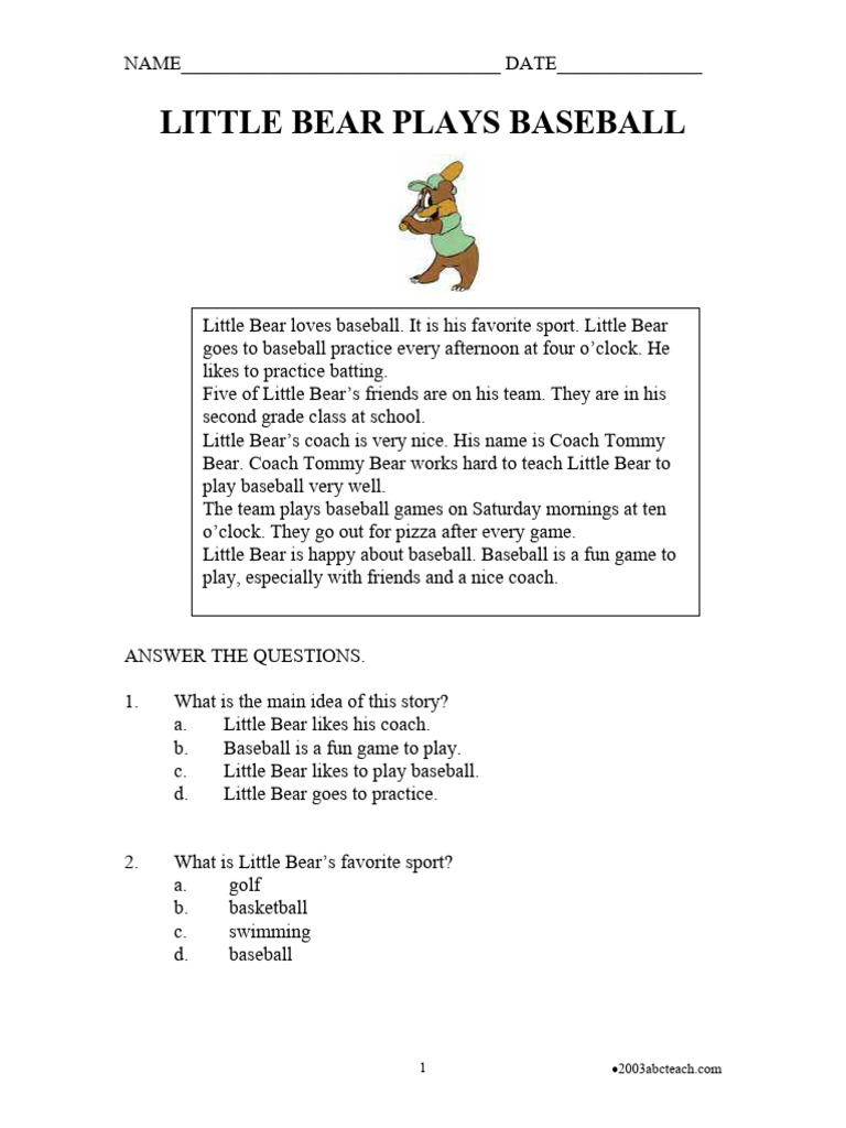 Little Bear Baseball Story Questions | PDF