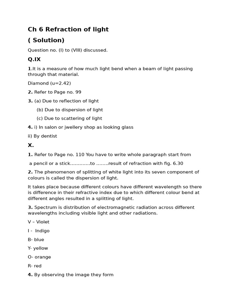 Class 8 Refraction of Light Overview | PDF | Light | Mirror